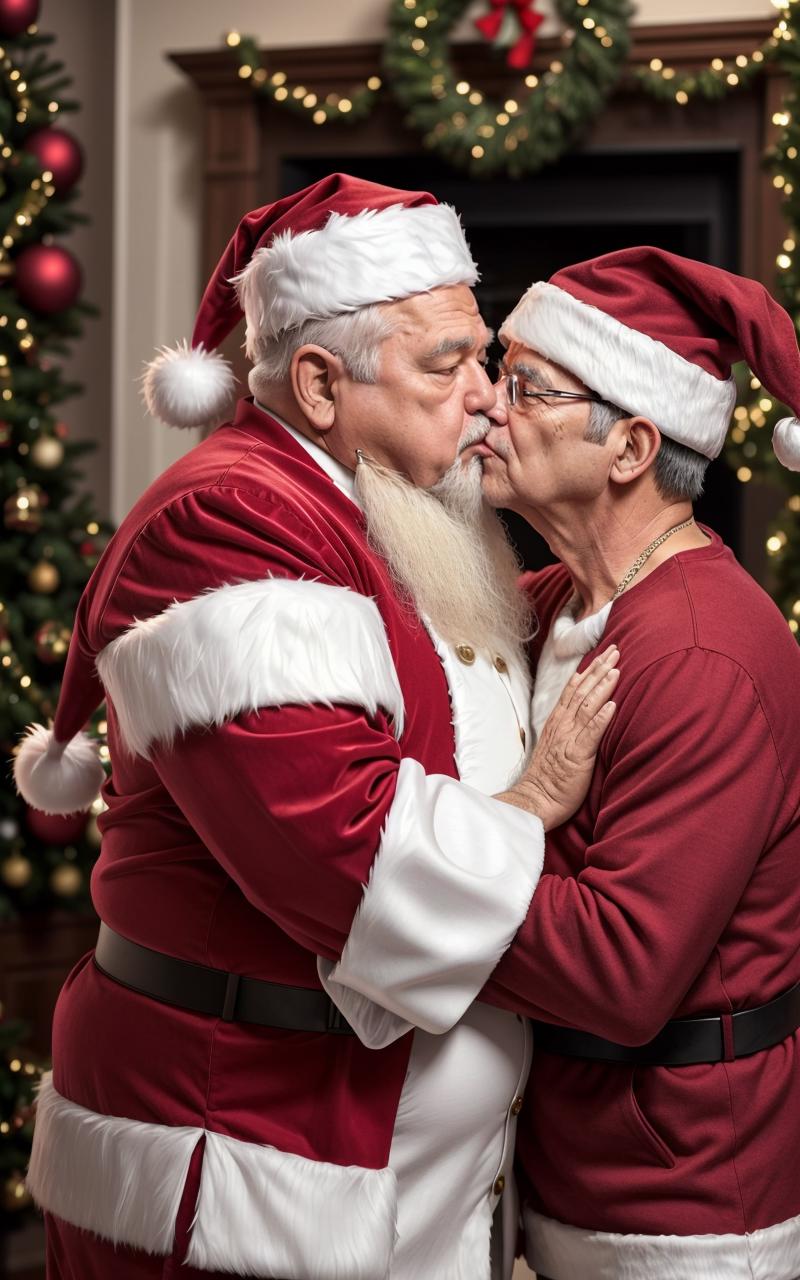 Santa claus and mrs claus kissing in front of a christmas tree - SeaArt AI