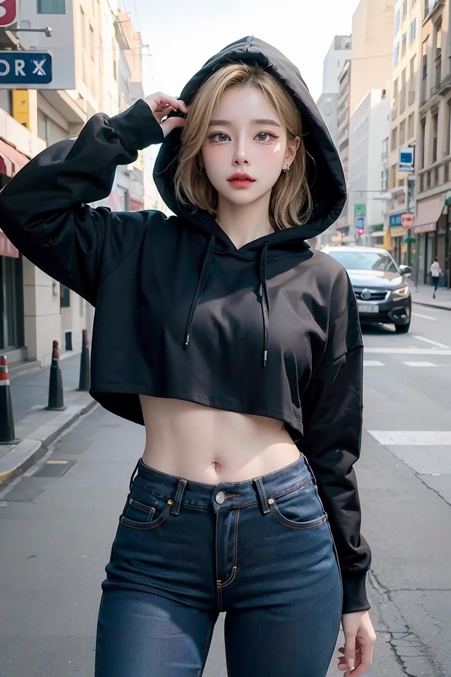 A woman in a black hoodie and jeans standing on a city street - SeaArt AI