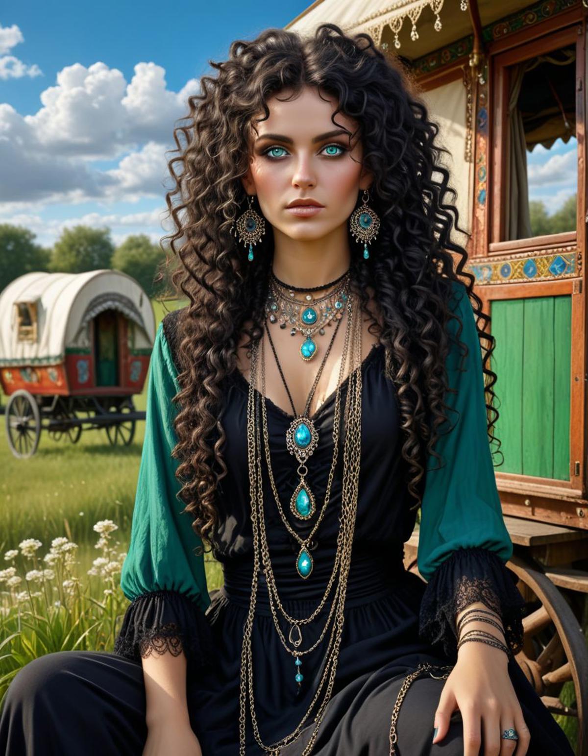 Woman, gypsy origin, black long curly wild hair, green eyes, clothes in ...