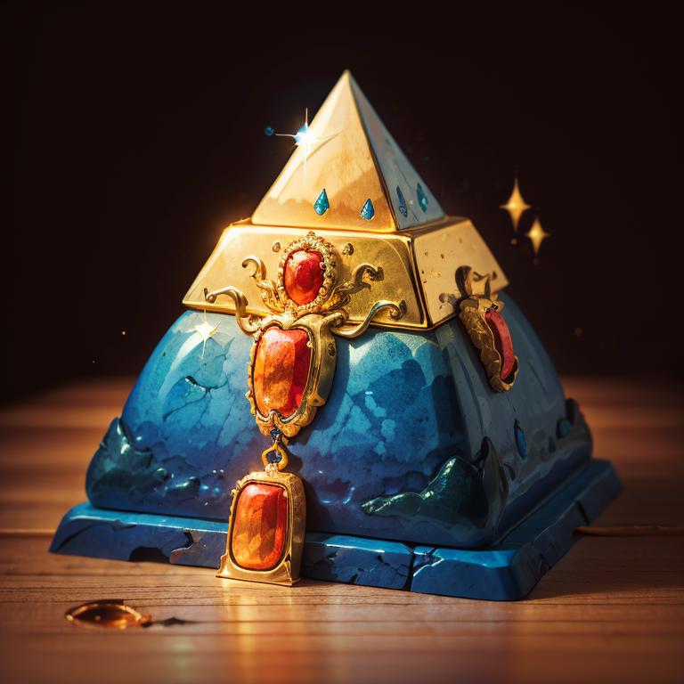 A close up of a blue and gold pyramid with a red stone - SeaArt AI