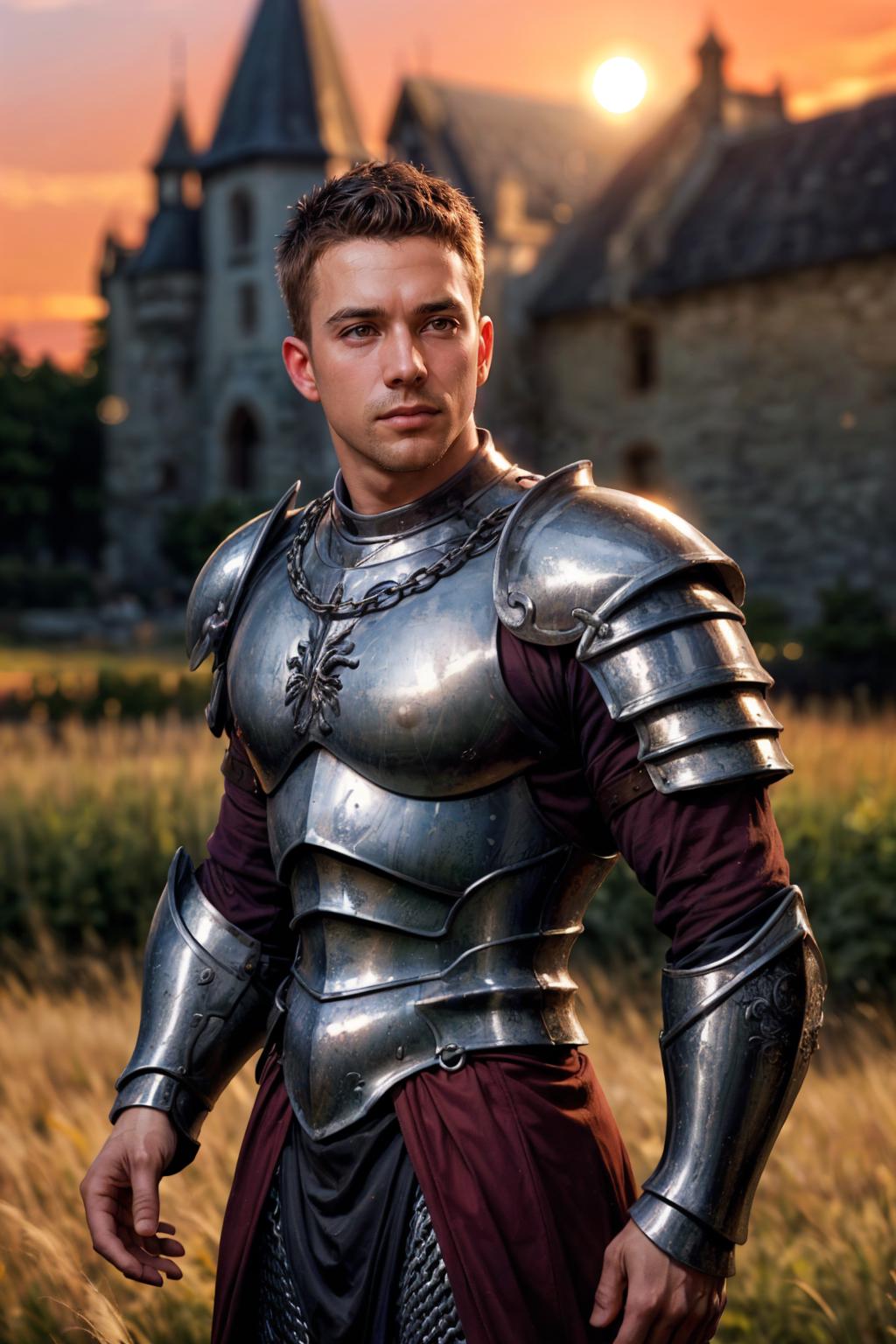 A close up of a man in a suit of armor standing in a field - SeaArt AI