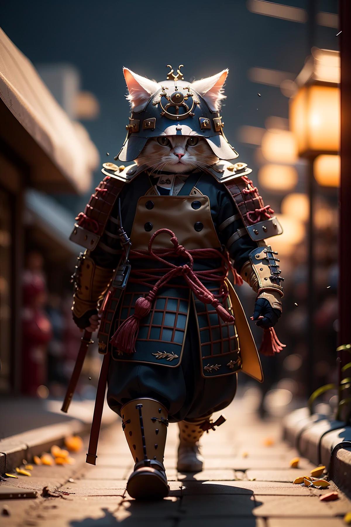 Arafed cat dressed in a samurai outfit walking down a street - SeaArt AI