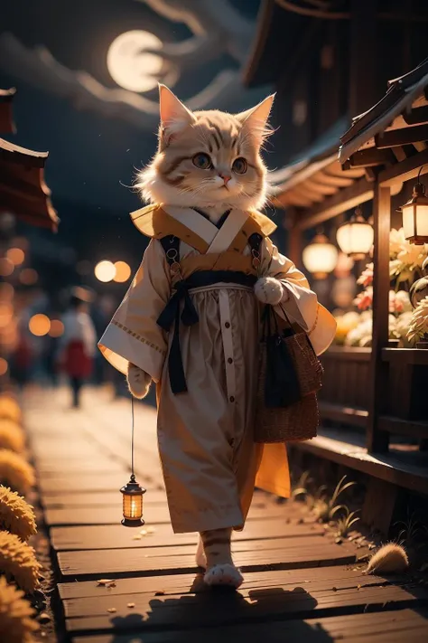 A close up of a cat wearing a kimono walking on a wooden walkway ...