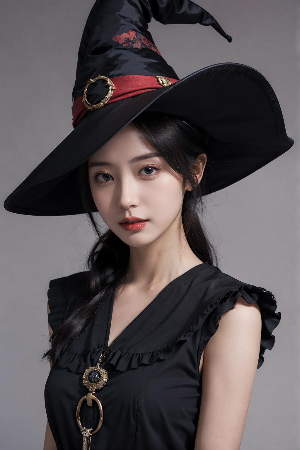 A woman wearing a black hat with a red ribbon around it - SeaArt AI