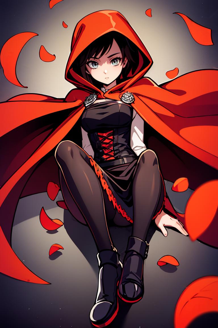 A woman in a red cape sitting on a floor with red leaves - SeaArt AI