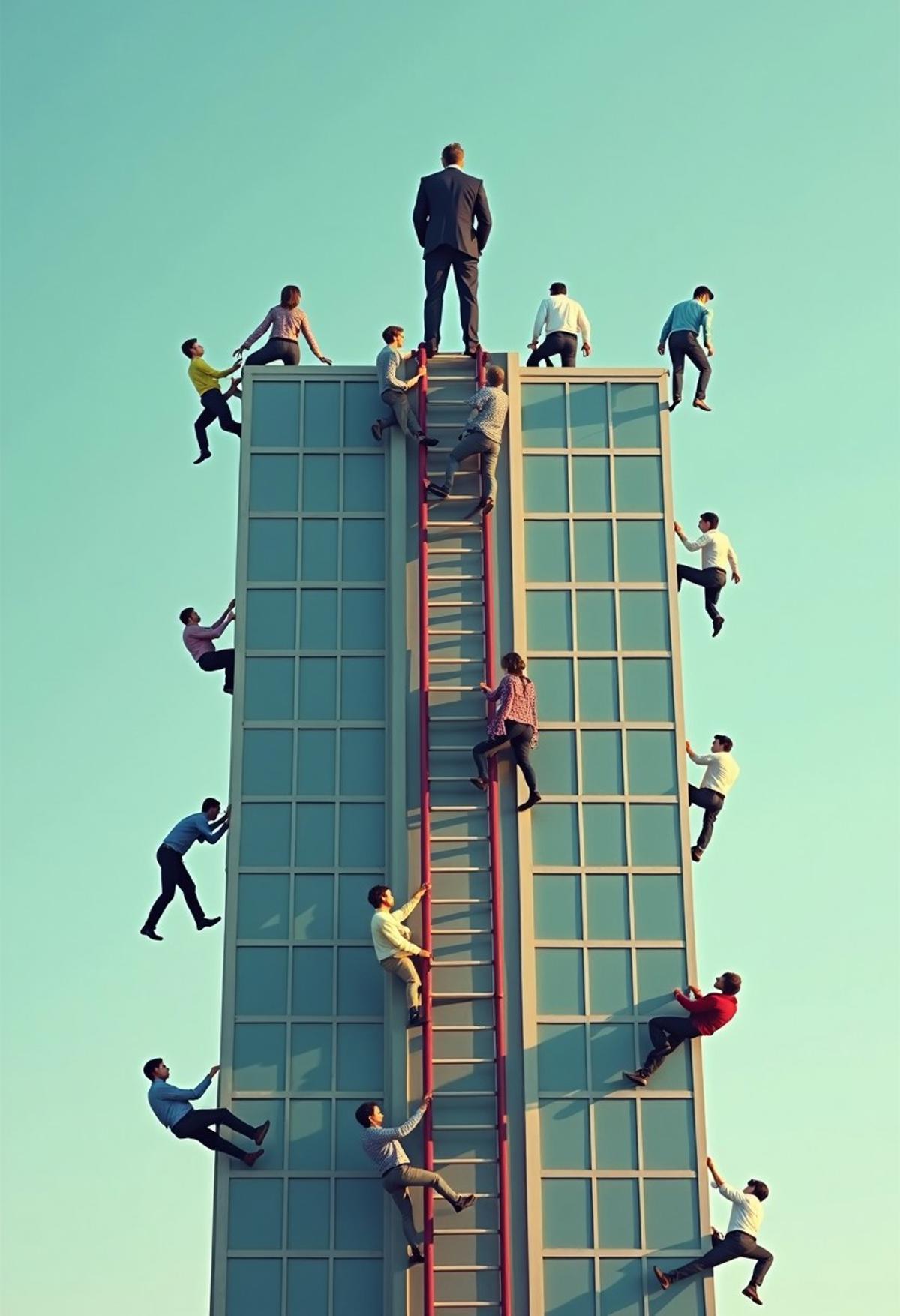 Comically tall ladder reaching the top of a corporation building ...