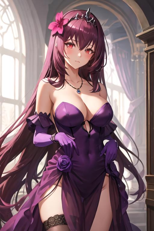 A woman in a purple dress and a tiable is posing - SeaArt AI