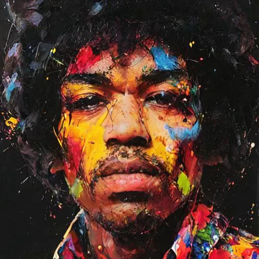 Arafed photograph of a man with a blue shirt and green paint splattered ...