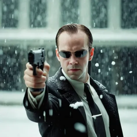 Arafed man in a suit and sunglasses holding a gun in the snow - SeaArt AI