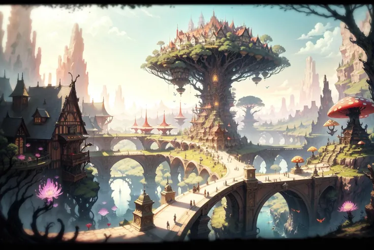 A close up of a painting of a fantasy city with a bridge - SeaArt AI