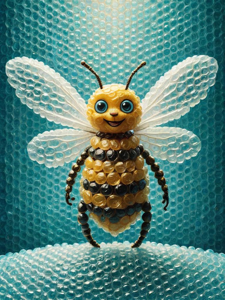 A close up of a bee made out of plastic bubbles - SeaArt AI