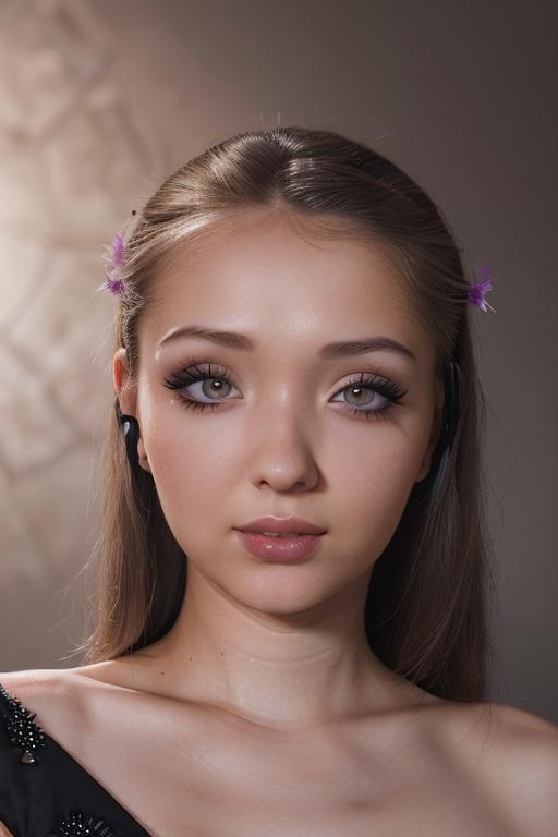 A close up of a woman with a black dress and purple flowers - SeaArt AI