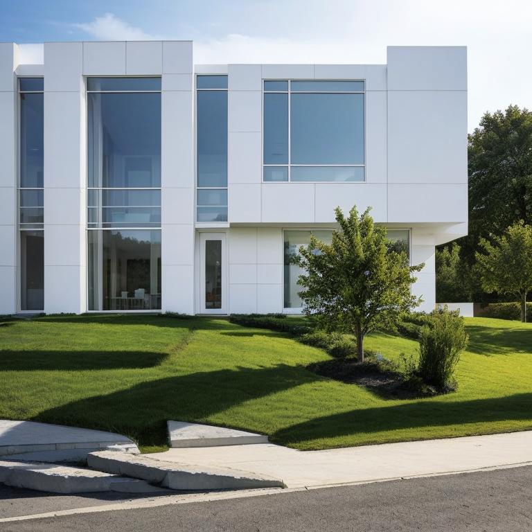 A large white building with a lot of windows and grass - SeaArt AI