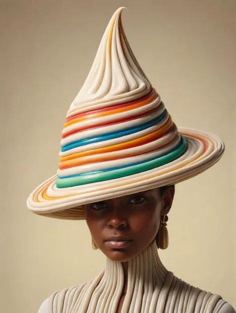 A close up of a woman wearing a colorful hat with a long neck - SeaArt AI