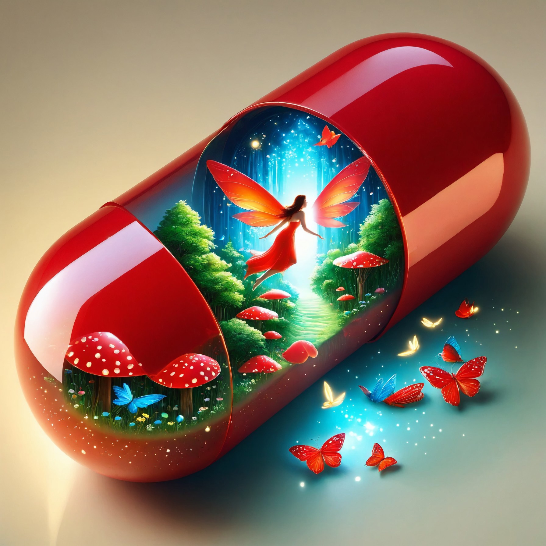 A close up of a pill with a fairy scene inside - SeaArt AI