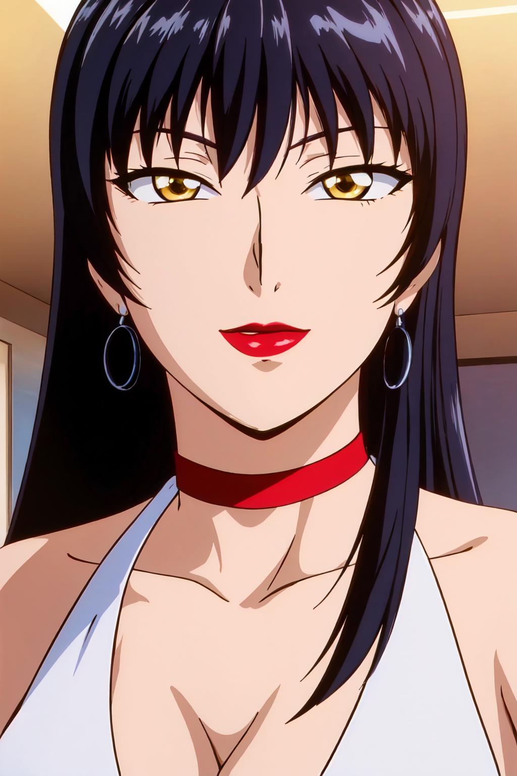 A close up of a woman with a choke and a red choke - SeaArt AI