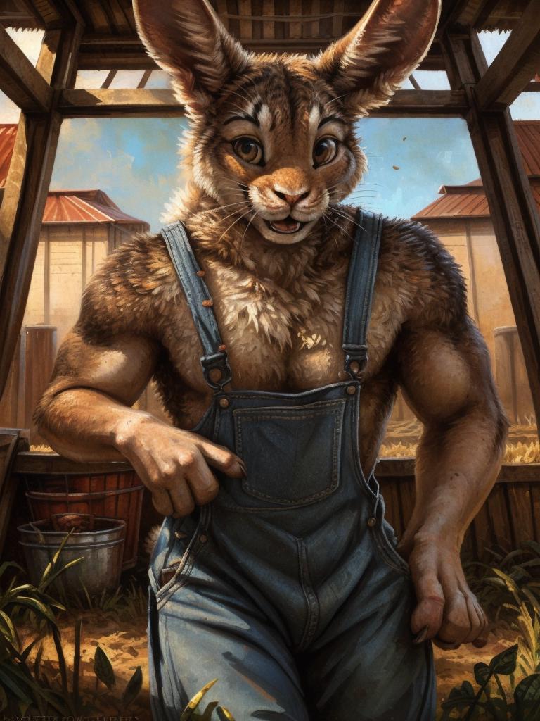 A painting of a man in overalls and a rabbit mask - SeaArt AI