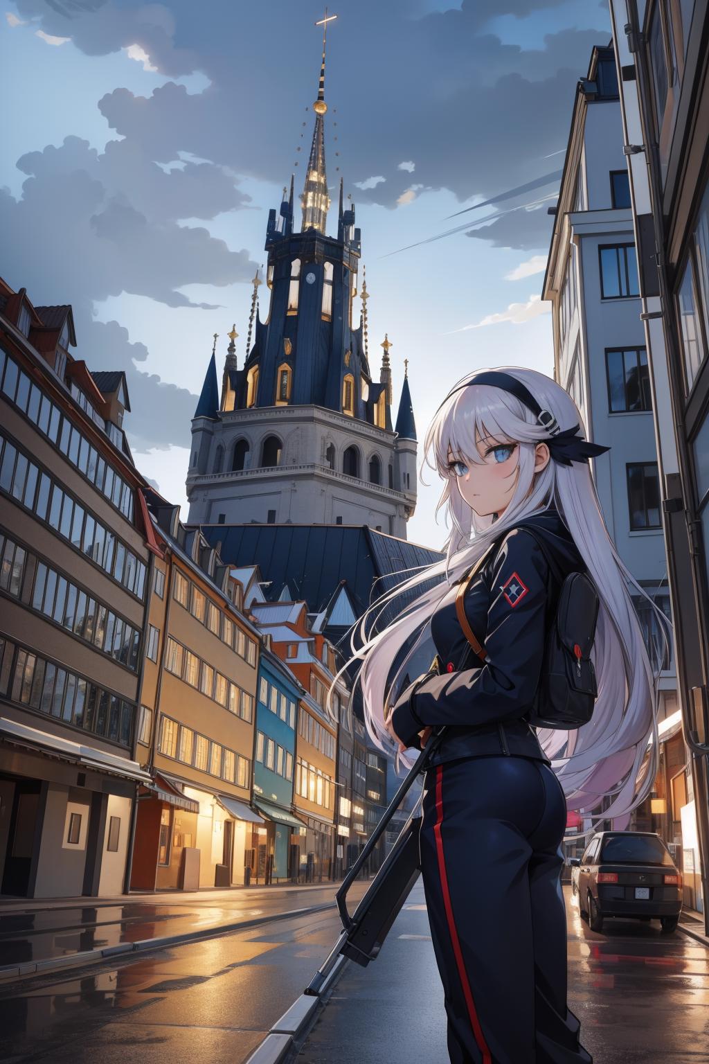 Anime girl in uniform standing in front of a church - SeaArt AI