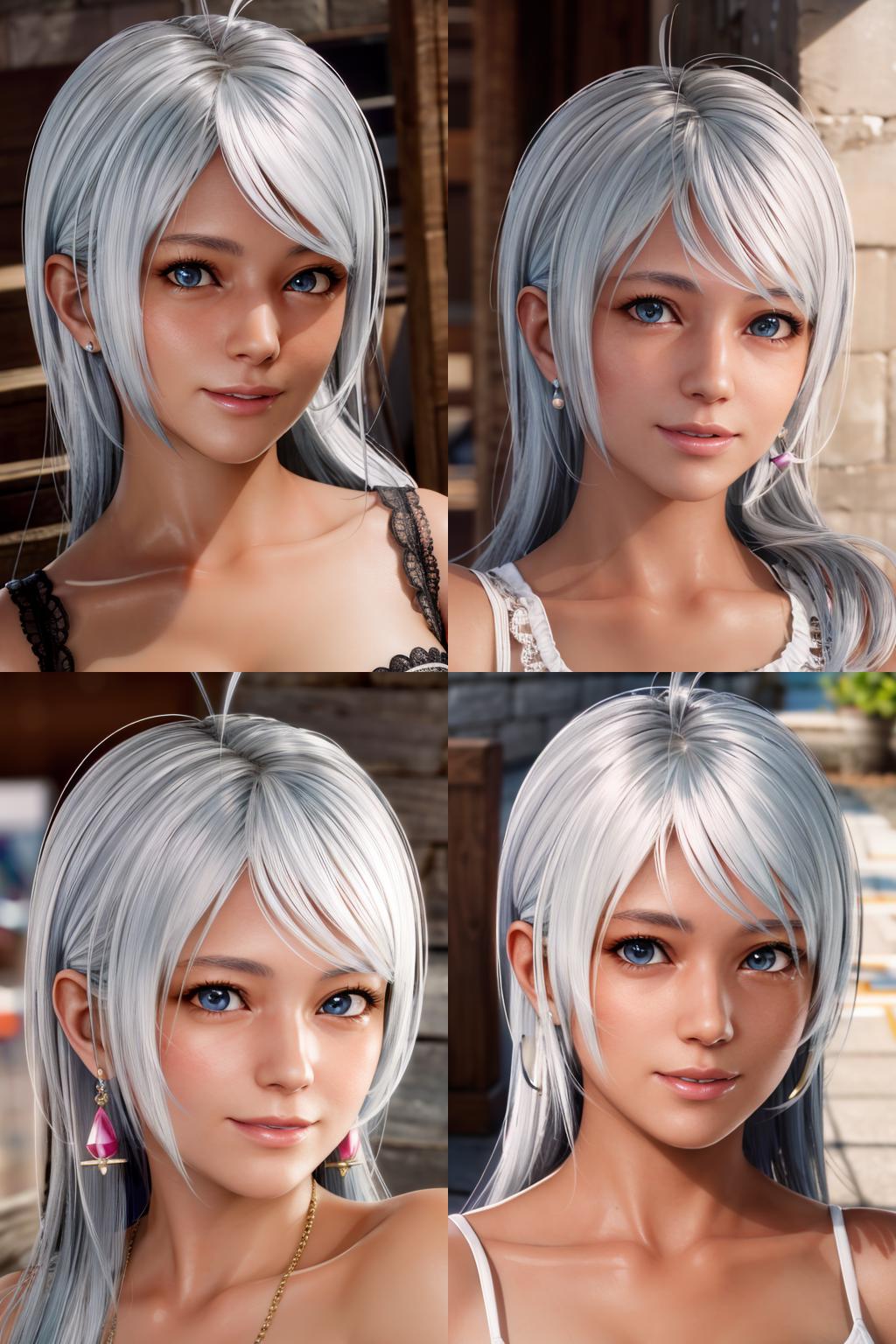 A woman with white hair and blue eyes is posing for a picture - SeaArt AI