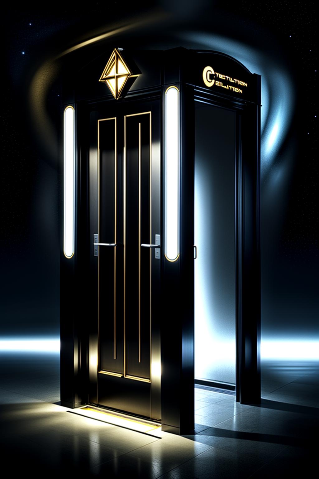 There is a black phone booth with a light on it - SeaArt AI