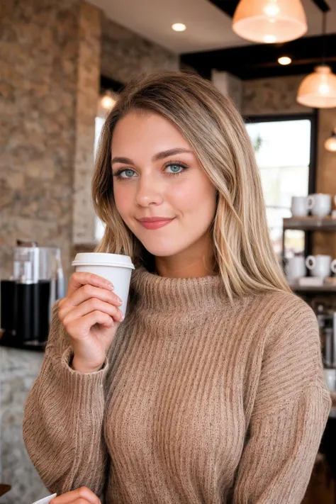 A woman in a brown sweater holding a cup of coffee - SeaArt AI