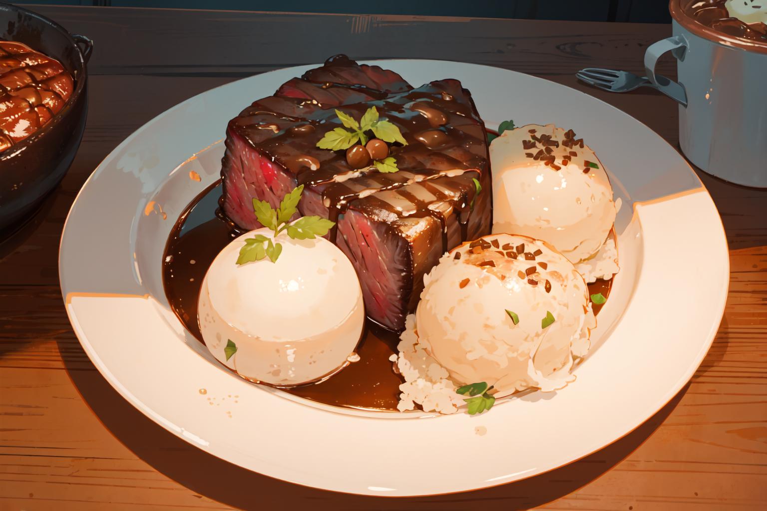 There is a plate of food with meat and ice cream on it - SeaArt AI