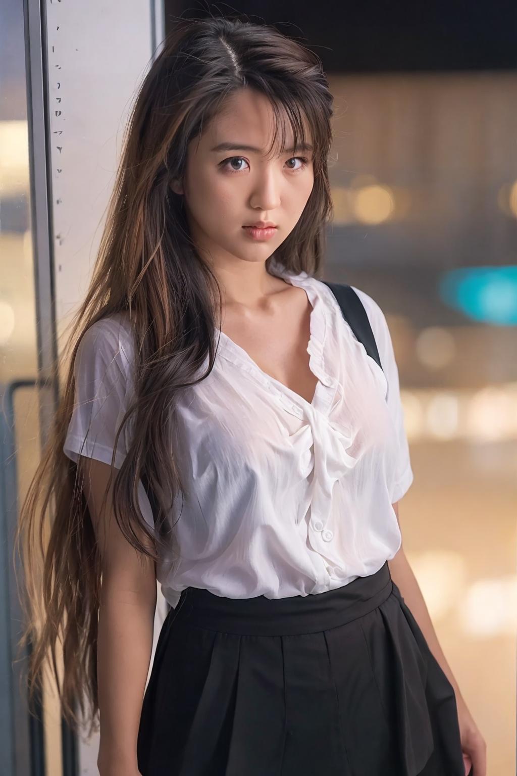 A close up of a woman in a white shirt and black skirt - SeaArt AI