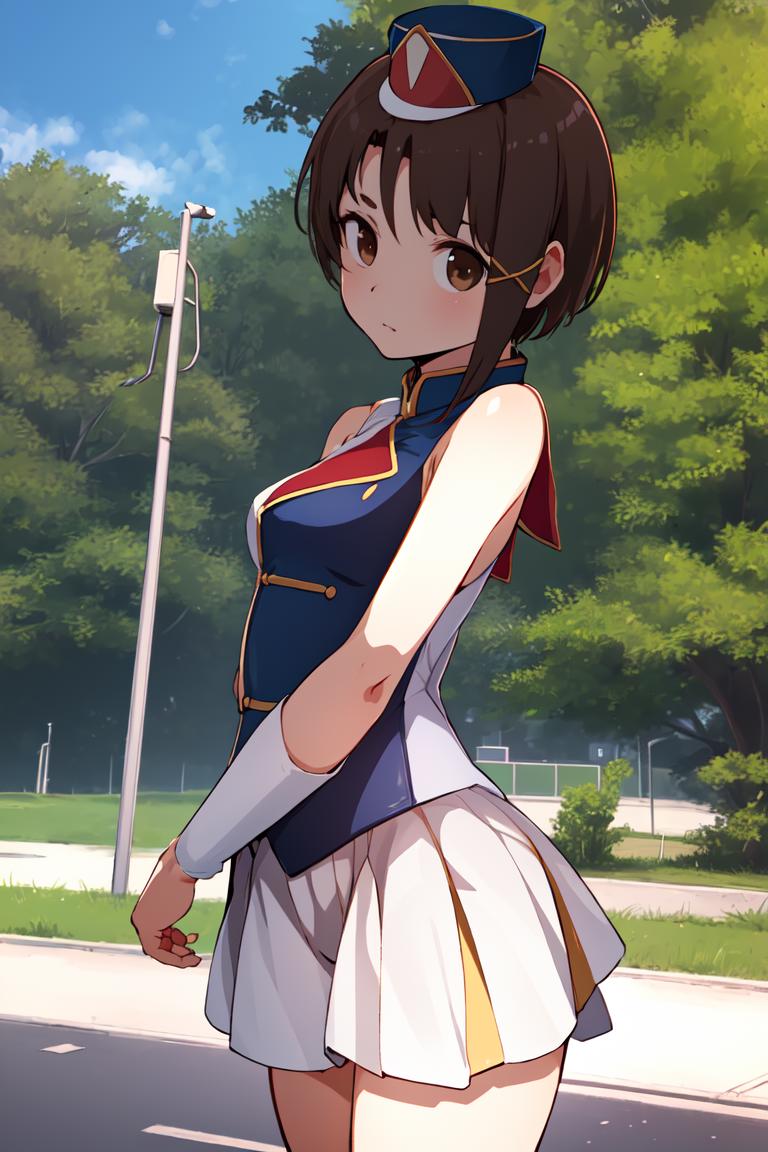 Anime girl in uniform standing on street with trees in background ...