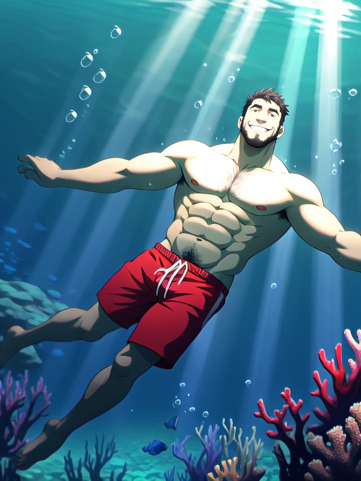 Anime man swimming in the ocean with a lot of fish - SeaArt AI