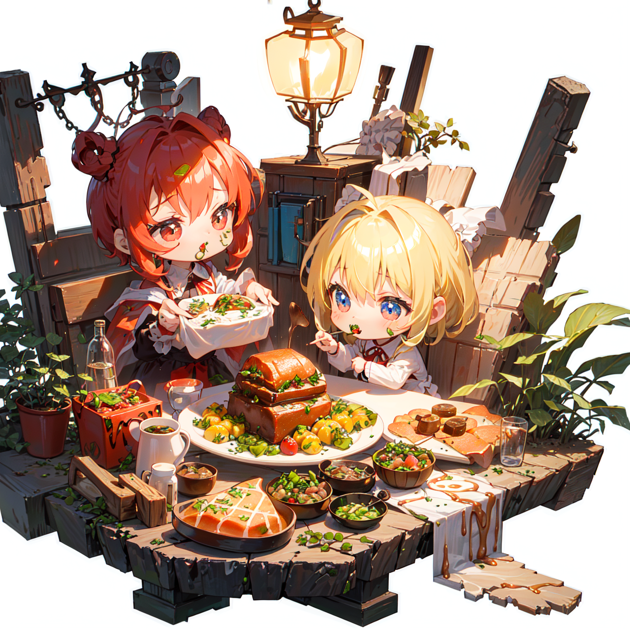 Anime characters sitting at a table with food and drinks - SeaArt AI