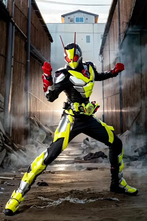 Arafed man in a yellow and black costume is posing for a picture ...