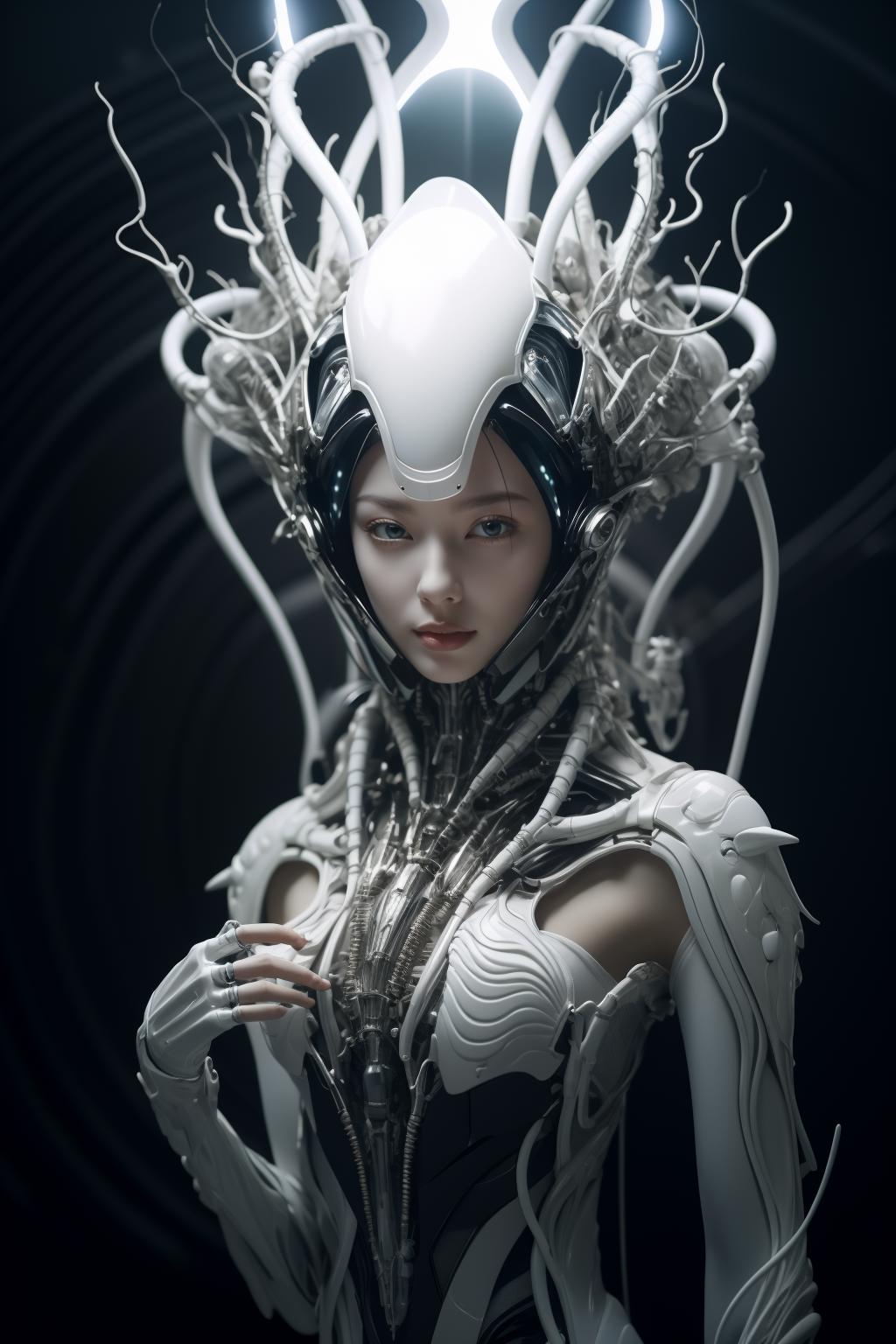 A woman in a futuristic costume with a light on her head - SeaArt AI