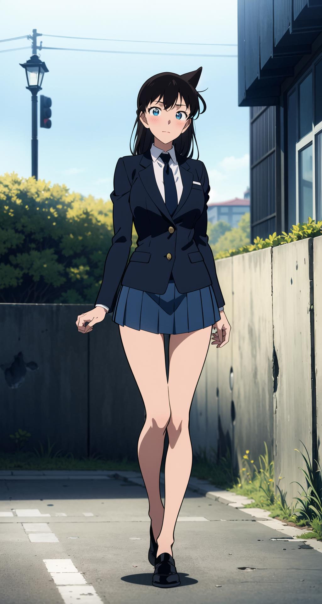 Anime girl in a short skirt and jacket walking down a street - SeaArt AI