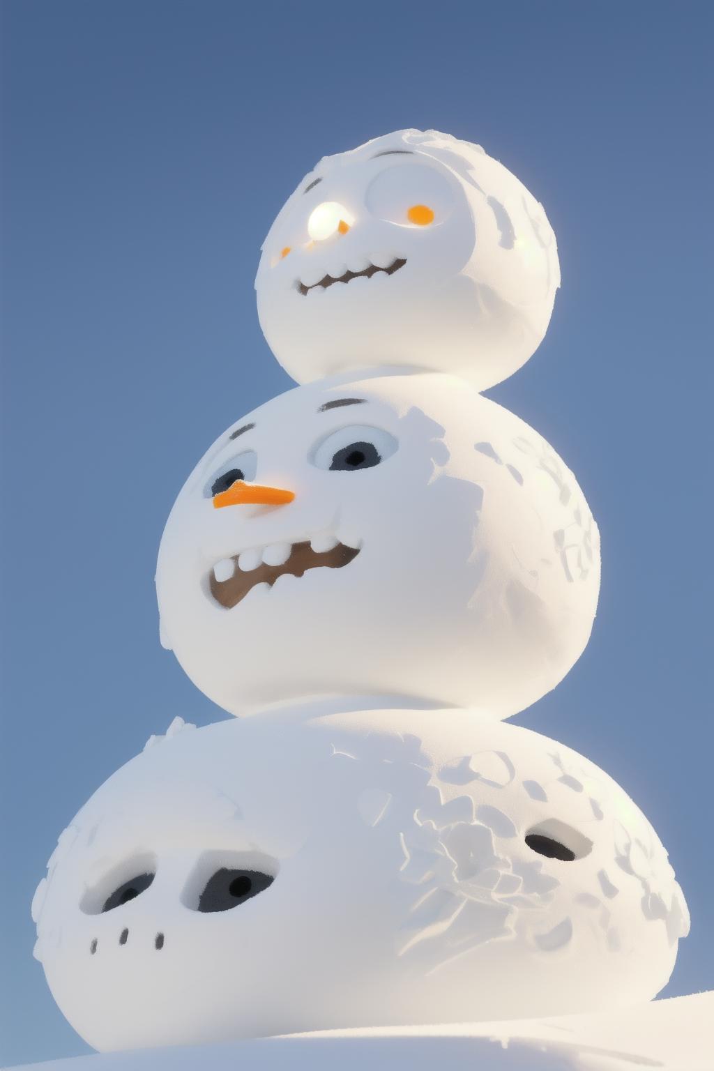 A close up of a snowman made of snow with a blue sky in the background ...