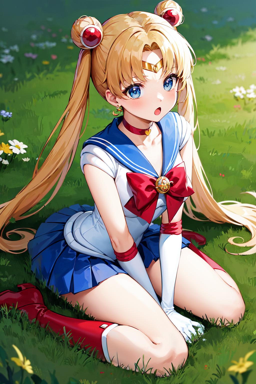 Sailor girl sitting on the grass with her legs crossed - SeaArt AI