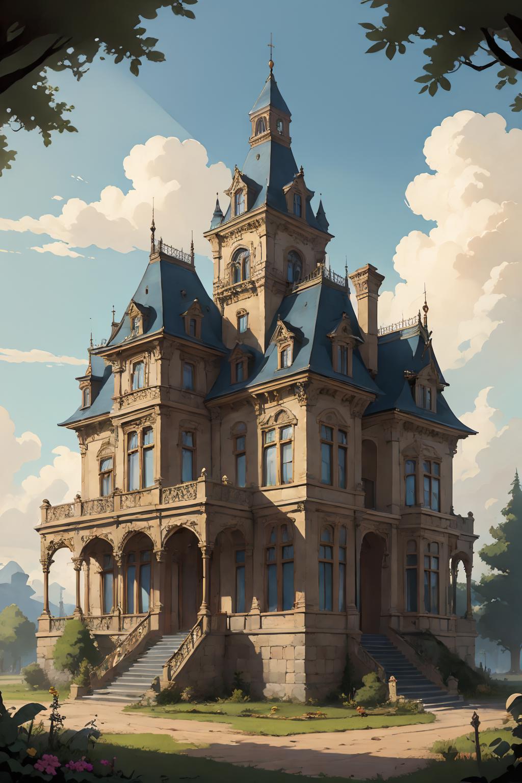 A close up of a painting of a large building with a clock tower - SeaArt AI
