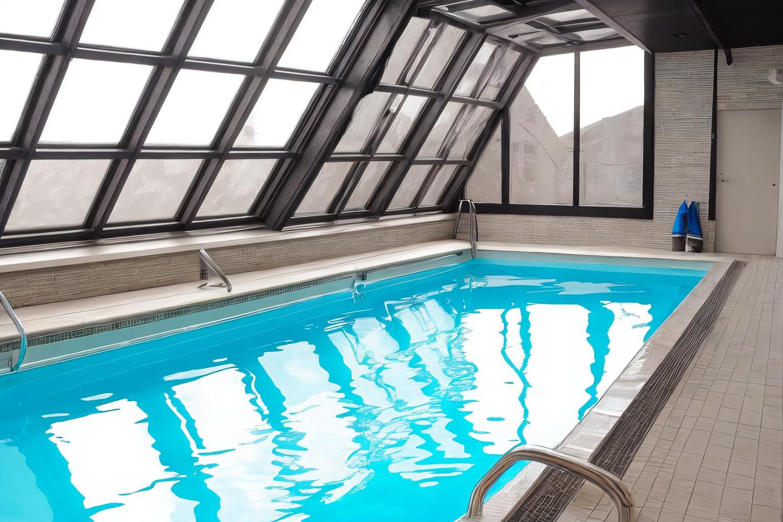 There is a pool in a large indoor swimming pool with a skylight - SeaArt AI