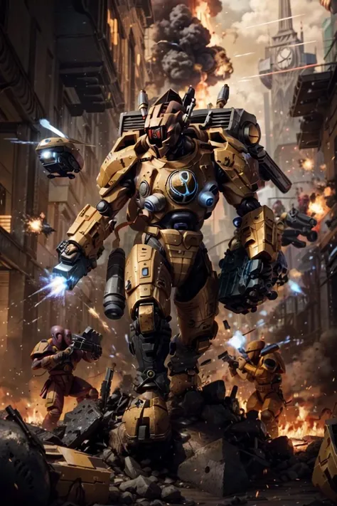 A large robot standing in front of a city with fire and smoke - SeaArt AI