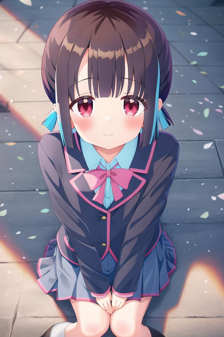 Anime girl sitting on the ground with her hands on her knees - SeaArt AI