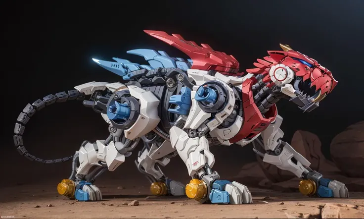 A close up of a toy of a lion with a red and blue tail - SeaArt AI