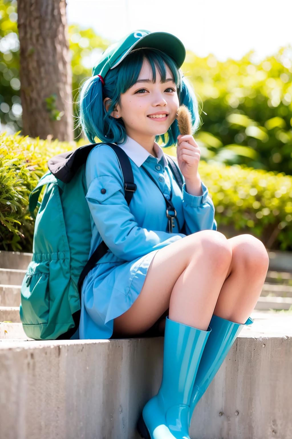 Araffe girl with blue hair and a backpack sitting on a ledge - SeaArt AI