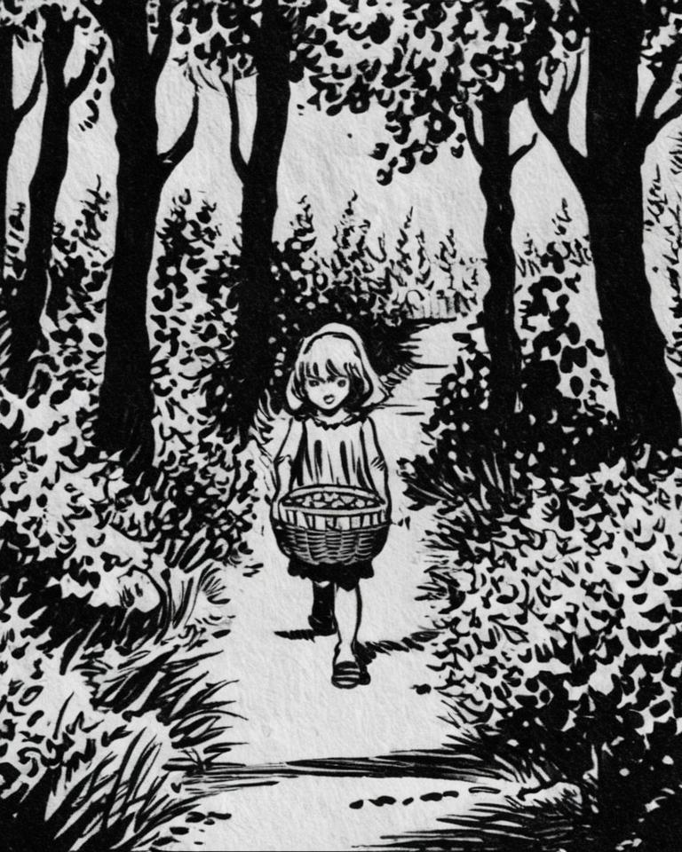 A black and white drawing of a girl walking down a path - SeaArt AI