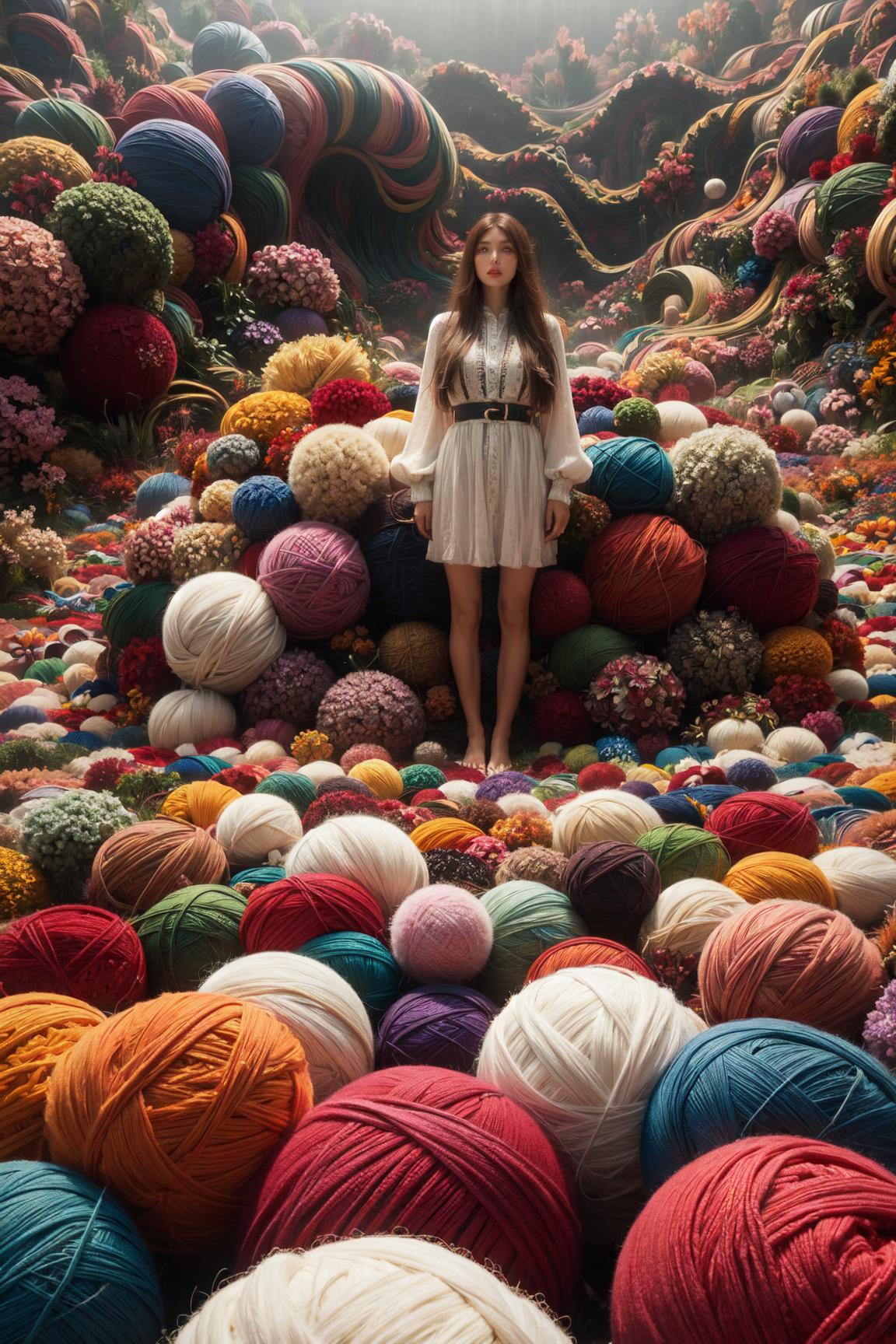 A woman standing in a pile of yarn with a lot of balls of yarn - SeaArt AI