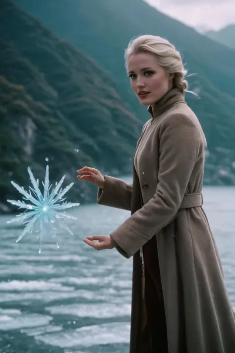 A woman in a coat holding a snowflake in front of a lake - SeaArt AI