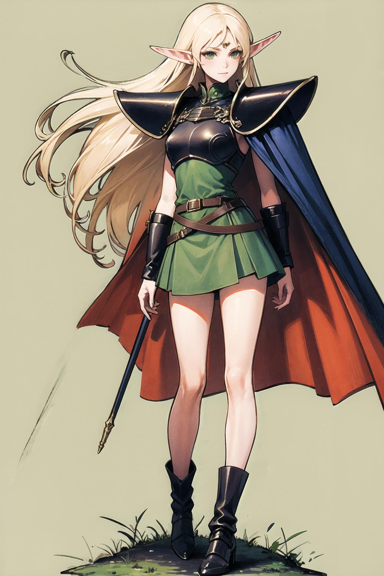 Deedlit,1girl,solo,pointy ears,long hair,cape,armor,blonde hair - SeaArt AI
