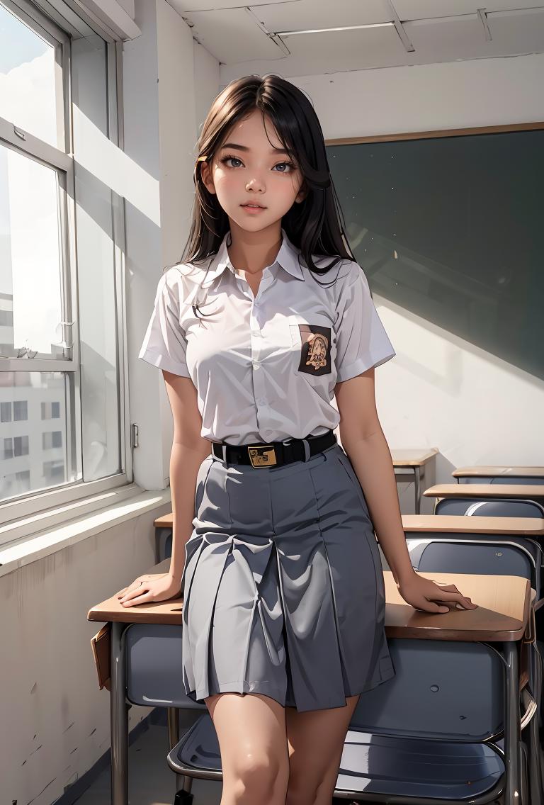 A woman in a skirt and shirt standing in front of a desk - SeaArt AI