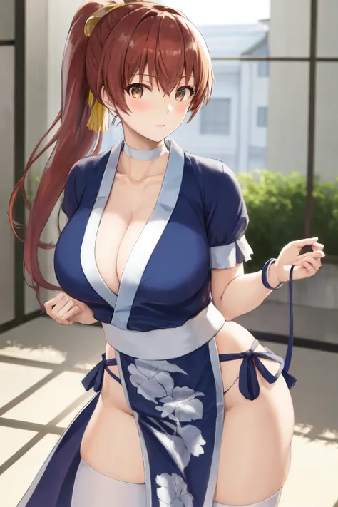 A woman in a blue and white dress is posing for a picture - SeaArt AI