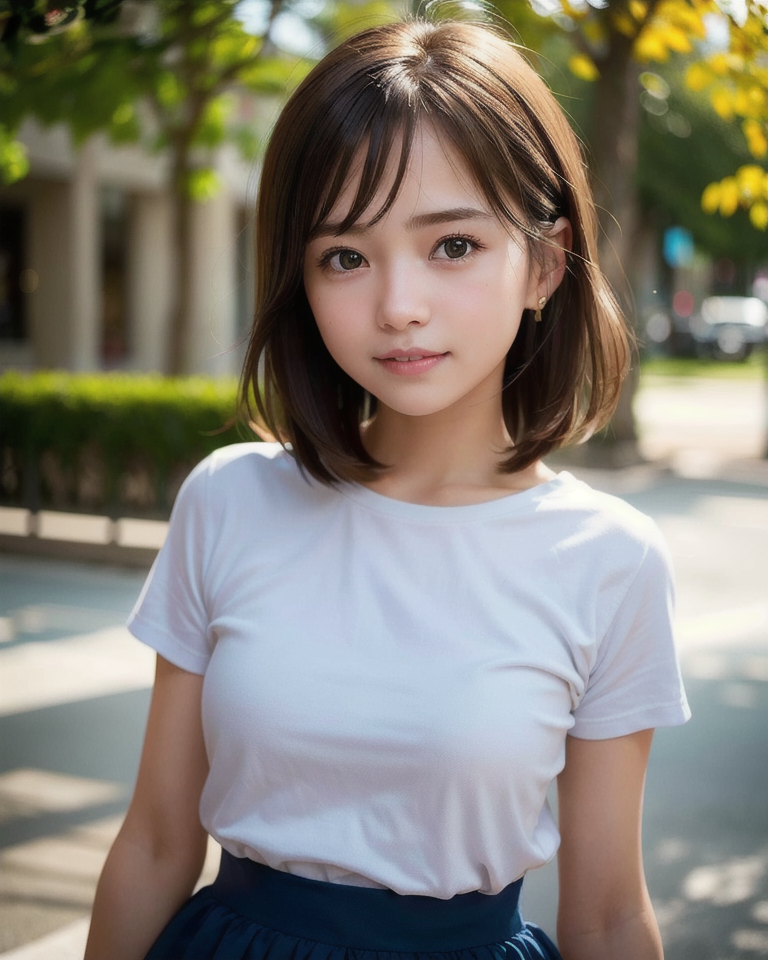 A woman with a white shirt and blue skirt standing in front of a tree - SeaArt AI