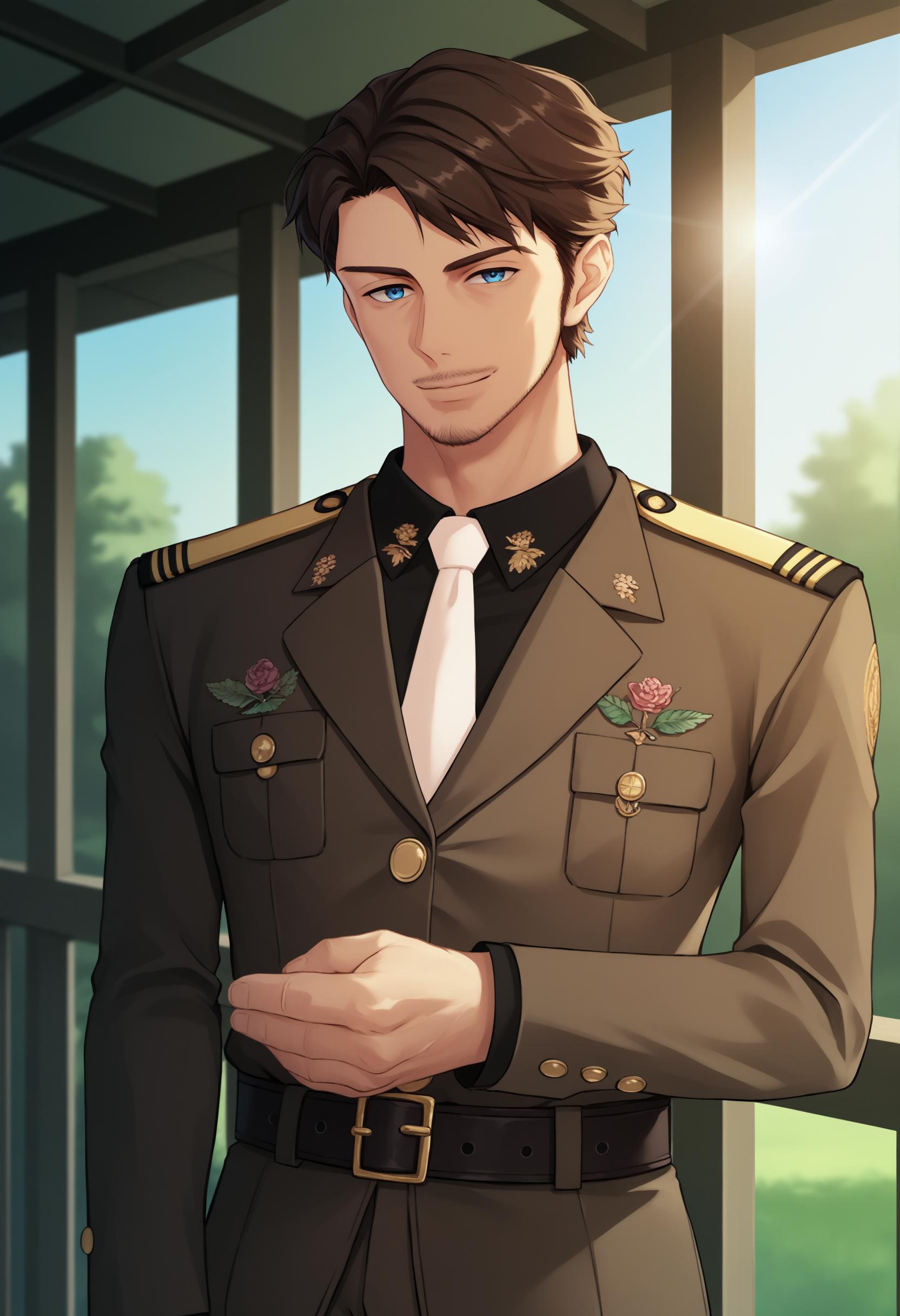 A close up of a person in a uniform standing near a window - SeaArt AI
