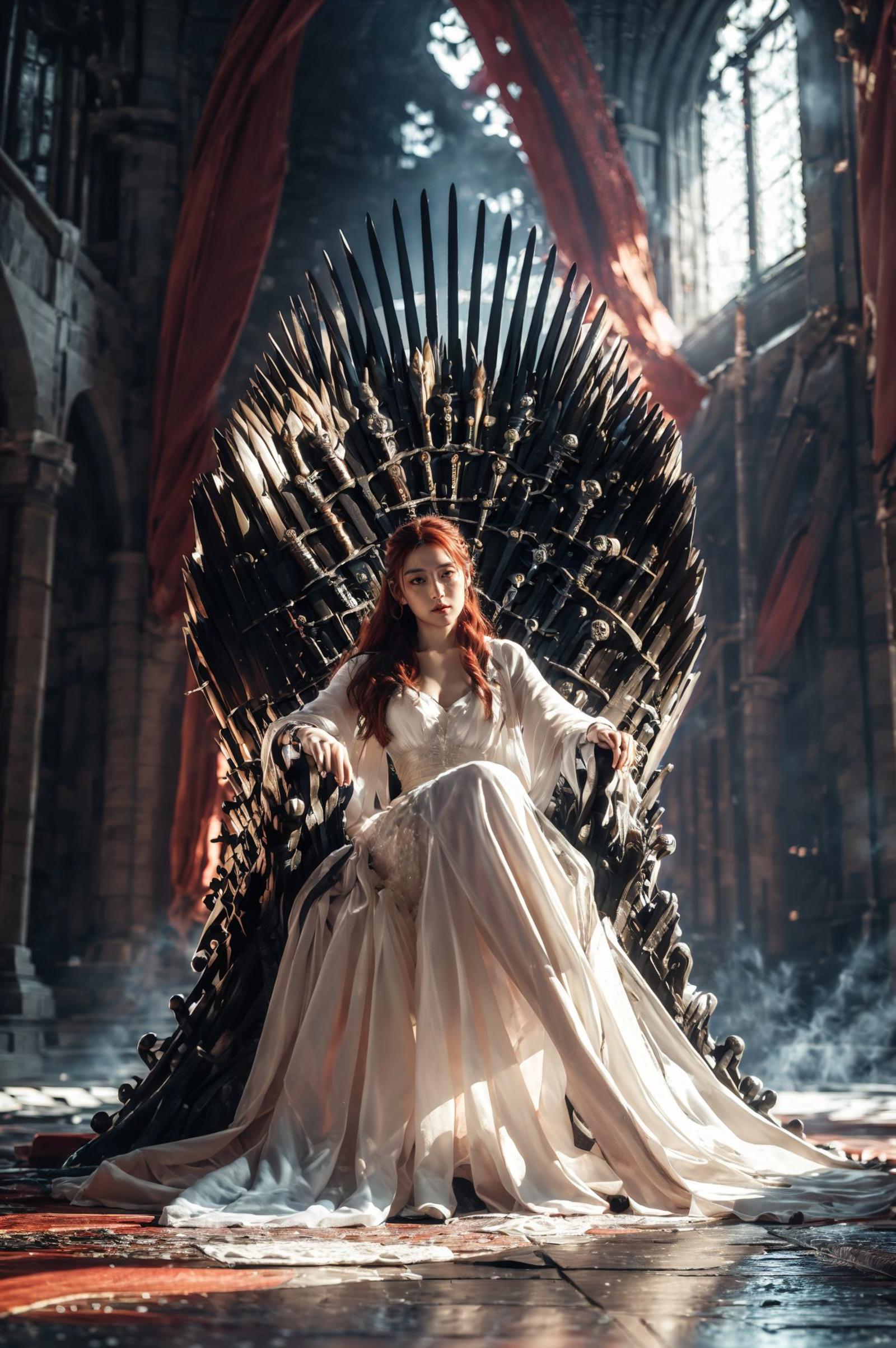 A woman in a white dress sitting on a iron throne - SeaArt AI